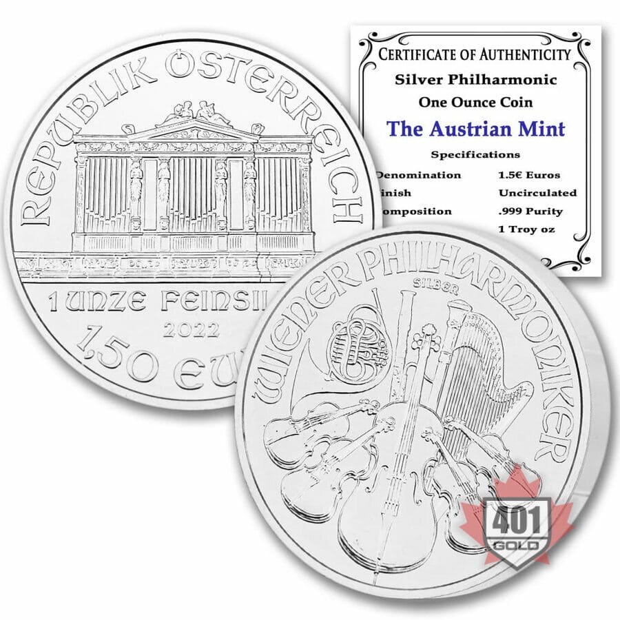 2022 1oz Vienna Philharmonic Silver Coins (999) | 401Gold Inc